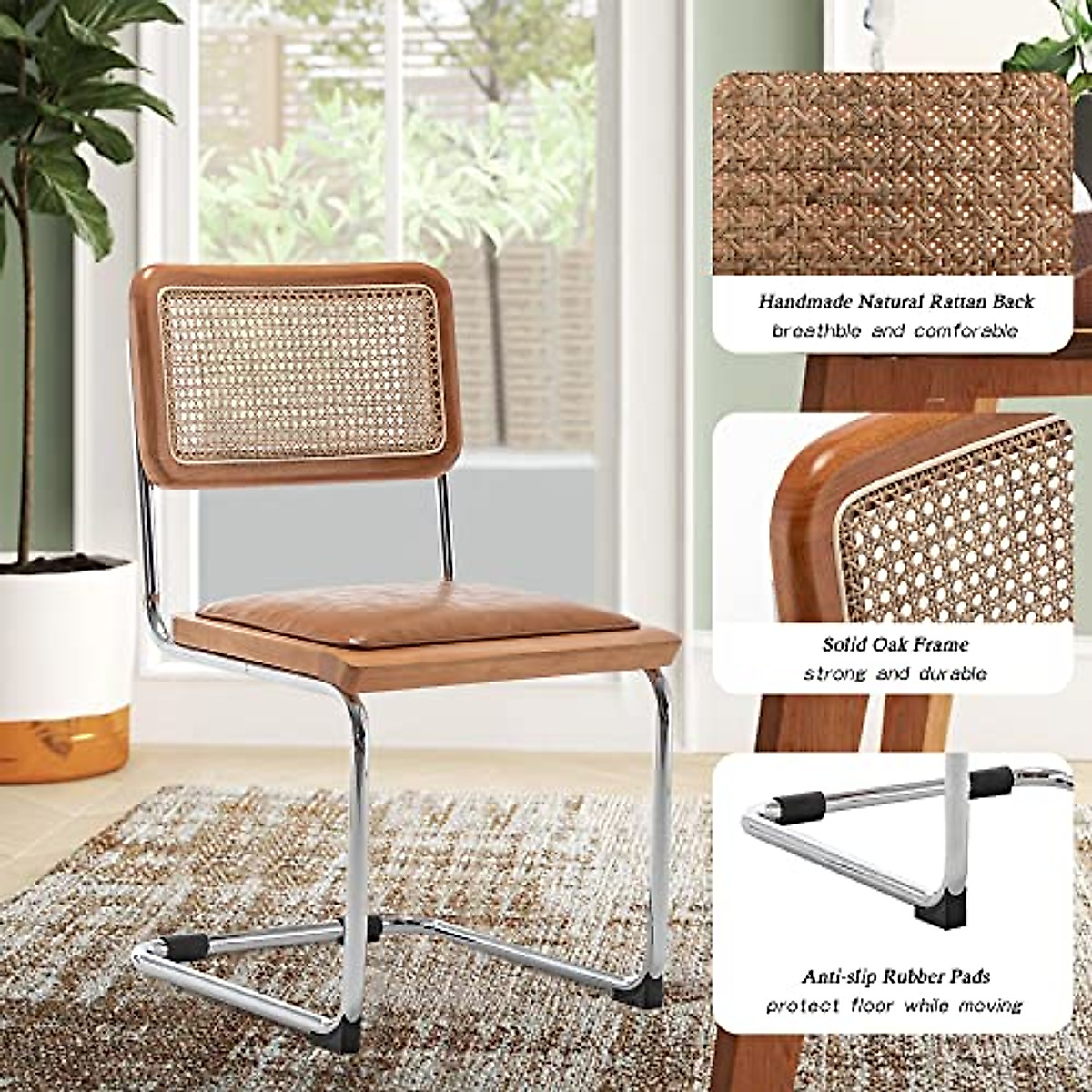 Alunaune Mid Century Modern Dining Chairs Set of 2, Upholstered Natural Rattan Kitchen Accent Chairs, Armless Side Chair with Metal Chrome Legs for Bedroom Living Room-Brown with PU Seat