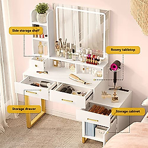 DWVO Vanity Desk with Mirror and Lights, Makeup Vanity with Lights and Drawers, Vanity Mirror with Lights and Table Set, 3 Color Adjustable Lighting Brightness & Power Outlet, White