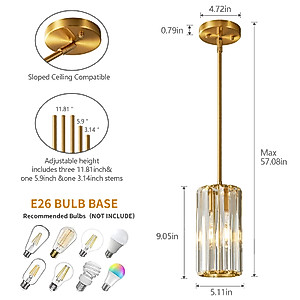zhllmq Gold Pendant Lighting Modern Pendant Light Mini Crystal Chandeliers Adjustable Pendant Light Fixture for Kitchen Island Dinning Room Corridor Bedroom(Gold 3-Pack)