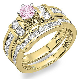 Dazzlingrock Collection 14K Pink Sapphire & White Diamond Women Engagement Ring Wedding Band Set, Yellow Gold, Size 8.5