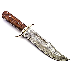 Skokie Knives Custom Hand Made Damascus Steel Hunting Bowie Knife Handle Walnut Wood With Mosic Pins And Brass Guard