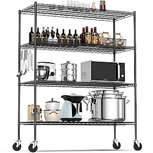 Raynesys Wire Shelving, 2000 Lbs Heavy Duty 60x24x72 Inch Shelving Metal Shelves with 4" Wheels, 4-Tier NSF Steel Wire Storage Shelf Commercial Grade Adjustable Utility Rack for Garage Kitchen, Black