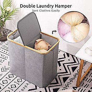 YOUDENOVA Double Laundry Hamper with Lid, Large Divided Dirty Clothes Basket for Bedroom, Waterproof Collapsible Sorters, Black