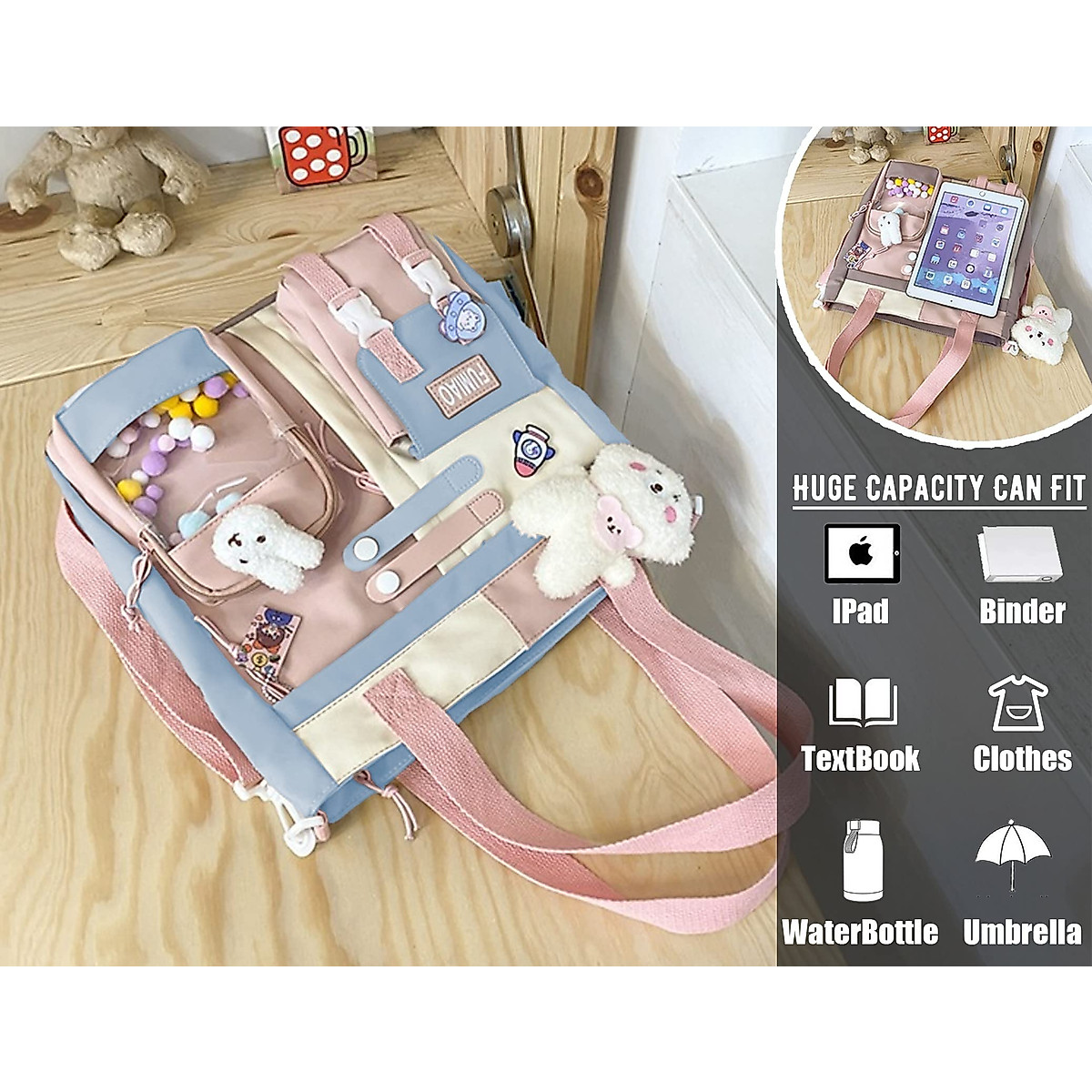 KOWVOWZ Kawaii Shoulder Tote Bag with Cute Pin Accessories Plush Rabbit & Bear Pendant Girl School Backpack Laptop Schoolbag Crossbody for Students (Blue)