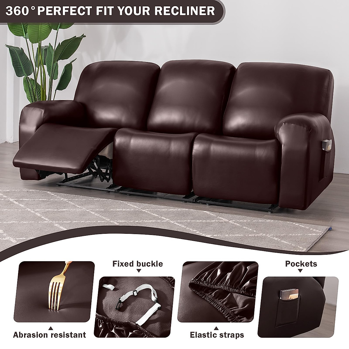 vctops 8 Pieces Waterproof Faux PU Leather Recliner Sofa Covers Stretch Soft 3 Seats Couch Cover Anti-Slip Sofa Slipcover Furniture Protector with Elastic Bottom for Kids Pet(Dark Coffee,3 Seat)