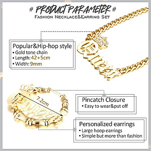 SAILIMUE Queen Pendant Curb Chain Necklace with Oversize Statement 90s Bamboo Hoop Earring Set for Women Gold Plated Color Punk Style Hip Hop Rapper