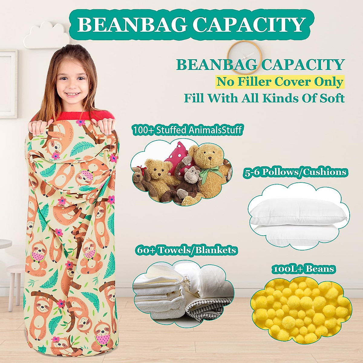 LOLOMLO Stuffed Animal Bean Bag Storage Chair for Kids Cover Only (No Filler), Organize, Sit, Play & Boxing, 100% Cotton Canvas Washable, Ultra Soft Cylinder Long Vertical Zipper Best Gift for Child