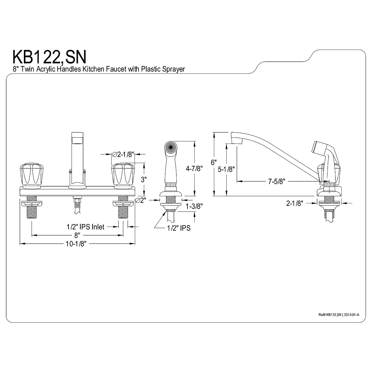 Kingston Brass KB122 Columbia Twin Acrylic Handle Kitchen Faucet with Side Sprayer, 7-5/8-Inch, Polished Chrome