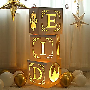 Decoration Boxes with Light - 3pcs White Hollow-out with Warm Light String,EID Cultural Paper Elements Box for Eid al-Fitr Decor Eid al-Adha Festival Ramadan Mubarak Muslim Islamic Supplies