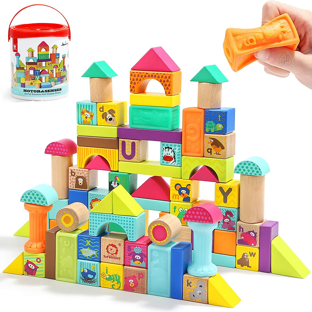 TOP BRIGHT Wooden Building Blocks Toddlers 1-3,Baby Blocks 12-18 Months,Toy Blocks for 1 2 3 Year Old 80 Piece