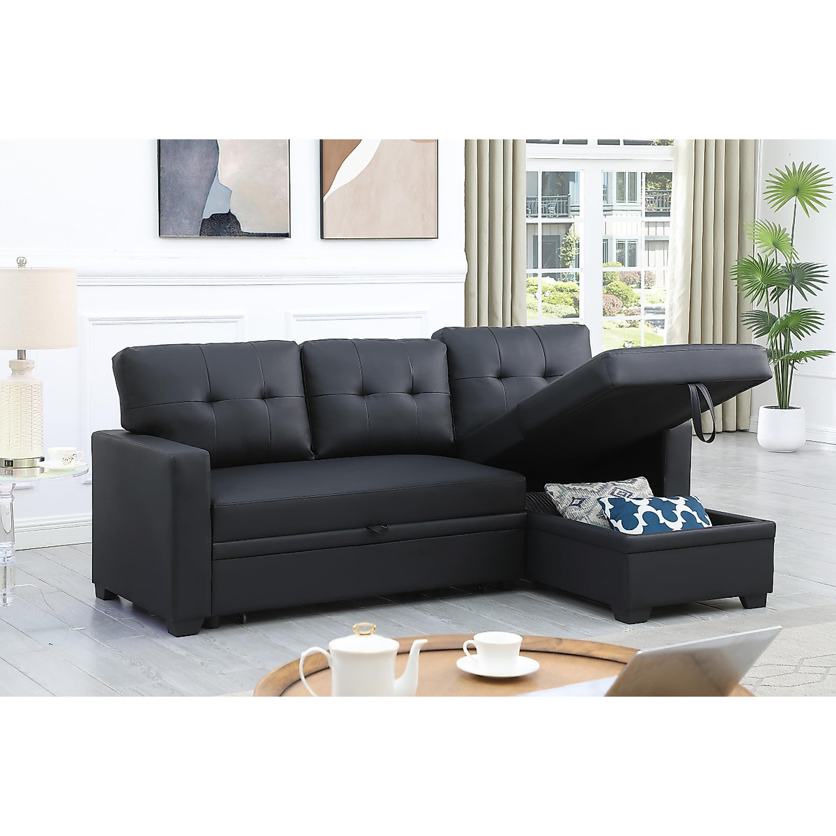 FANYE L-Shaped 3 Seater Reversible Sleeper Sectional Sofa Modern Smooth Faux Leather Tufted Upholstered Convertible Sofabed with Pull Out Sleep Couch Bed for Compact Space Living Room Sofa&Couch