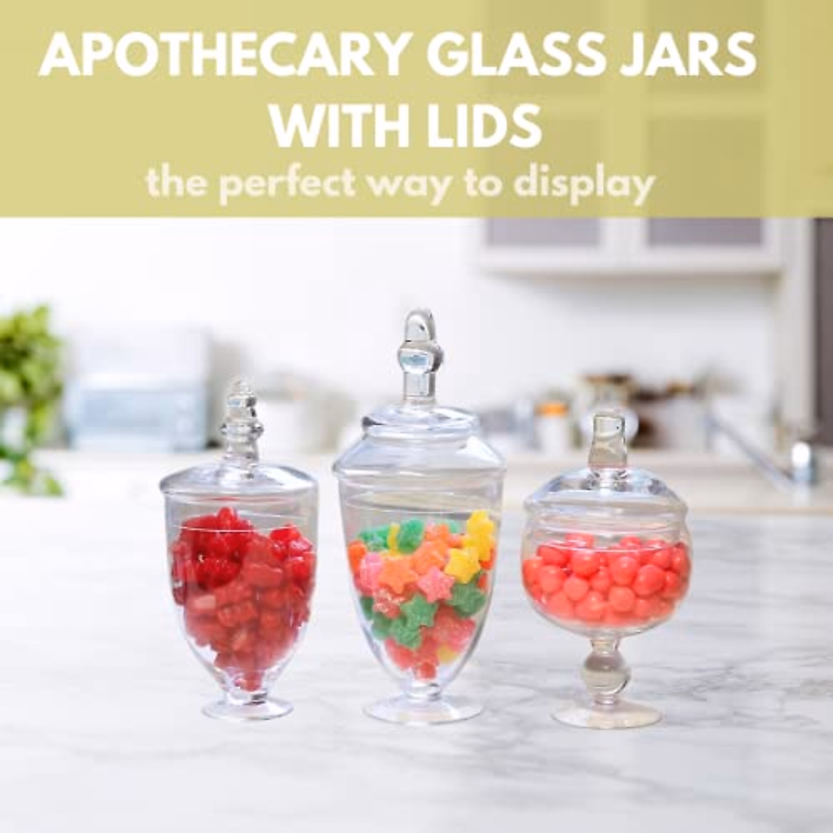 Mantello Apothecary Jars with Lids- Decorative Glass Candy Bar Containers (Clear, Small, Set of 3)