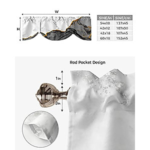 White Black Marble Tie Up Valance for Kitchen Windows, Adjustable Window Valance Kitchen Curtains Window Topper Short Curtain for Living Room, Abstract Gold Liquid Modern Art Rod Pocket Drape 42"x12"