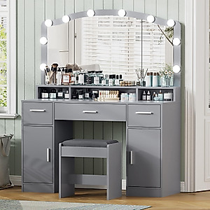 usikey Makeup Vanity with Lights, Vanity Desk, Makeup Vanity Table with 3 Drawers, 2 Cabinets & Long Storage Shelf, 10 Led Lights, Dressing Vanity Table with Stool, for Women, Girls, Bedroom, Grey