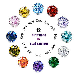 LOYALLOOK 12 Pairs Stainless Steel Brilliant Cut Round Cubic Zirconia Birthstone Stud Earrings for Women (C:3mm 12 pairs)