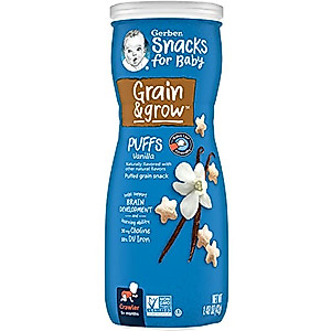 Gerber Snacks for Baby Grain & Grow Puffs, Vanilla, Puffed Grain Snack for Crawlers, Non-GMO Baby Snack, Baby-Led Friendly, 1.48-Ounce Canister (Pack of 6)