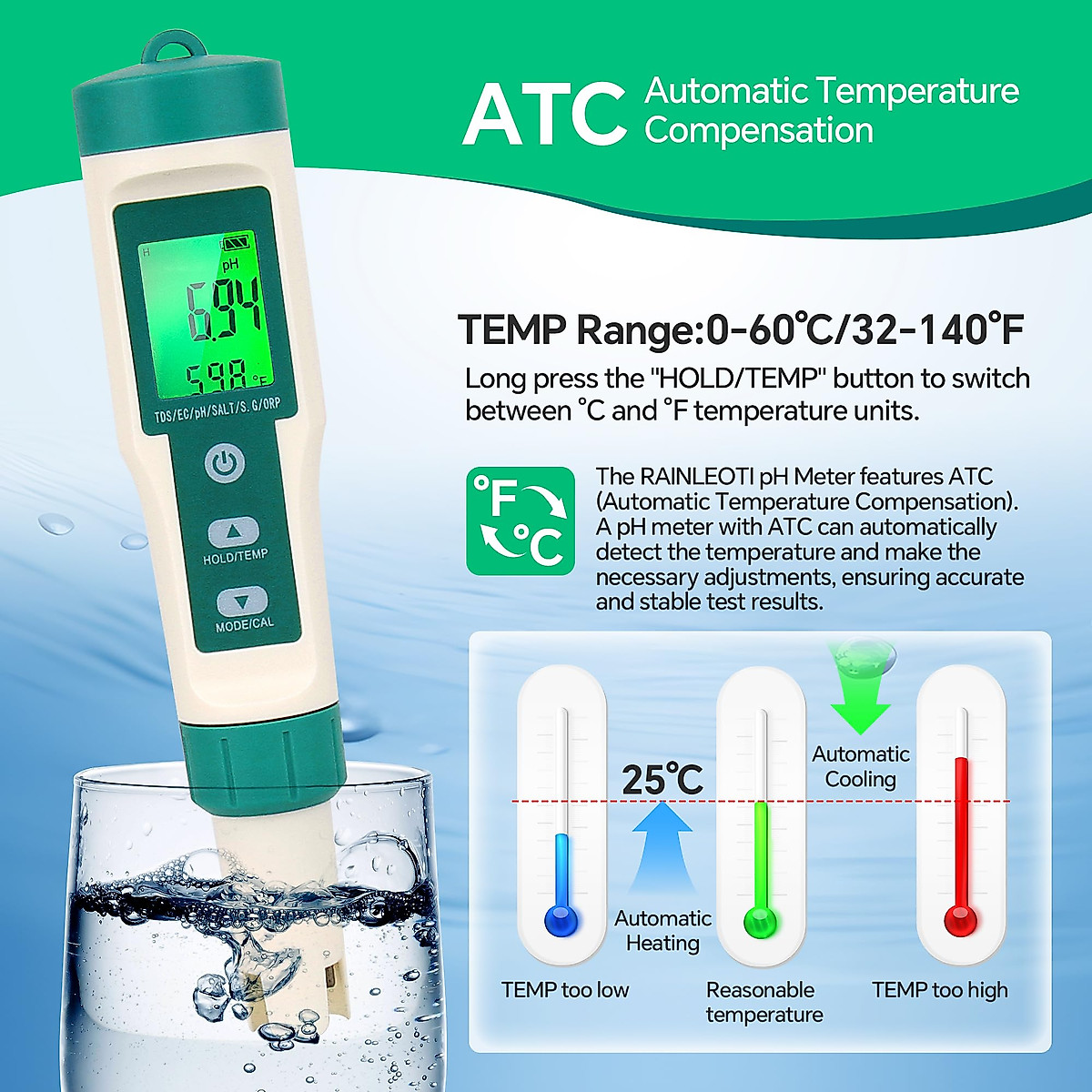 RAINLEOTI PH and TDS Meter, 7-in-1 Digital pH Tester for Water, PH/TDS/EC/SG/ORP/Salt/Temp