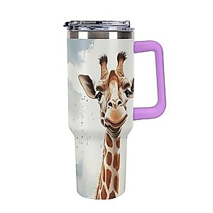 LLUTSNTH 40 Oz Vacuum Tumbler with Violet Handle Leakproof Insulated Tumbler Giraffe Stainless Steel Travel Mug with Lid And Straw Coffee Cup Cute Water Bottles Cup Holder Friendly