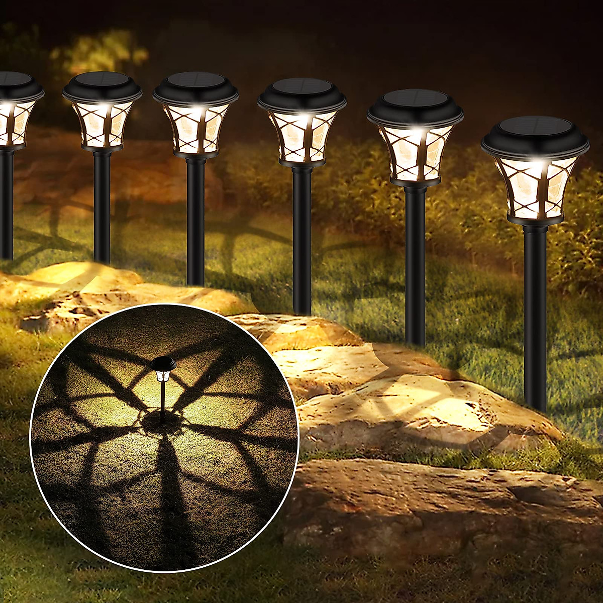 Solar Pathway Lights Outdoor Waterproof - 6 Pack Super Bright Glass Solar Lights, Auto On/Off Stainless Steel Landscape Path Lights Solar Powered for Garden Yard Lawn Path Driveway, Warm White, Black