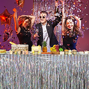 2 Pack Iridescent Table Skirt, Metallic Foil Fringe Tinsel Table Skirts for Rectangle Tables, Disposable Laser Rainbow Table Skirt Iridescent Party Decorations for Birthday Wedding Holiday, 29x108Inch