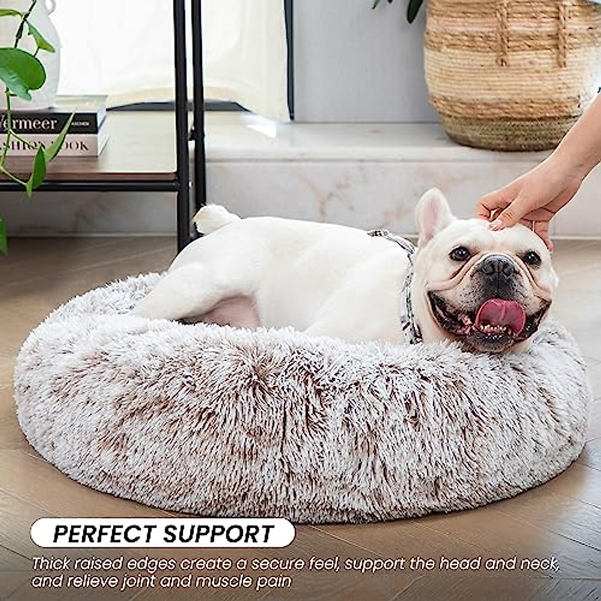 Calming Dog Bed, Donut Anti Anxiety Cat Bed, Round Fluffy Plush Faux Fur Pet Bed, 27 Inch Dog & Cat Cuddler Bed, Anti Slip Waterproof Mute Base, Khaki Gradient
