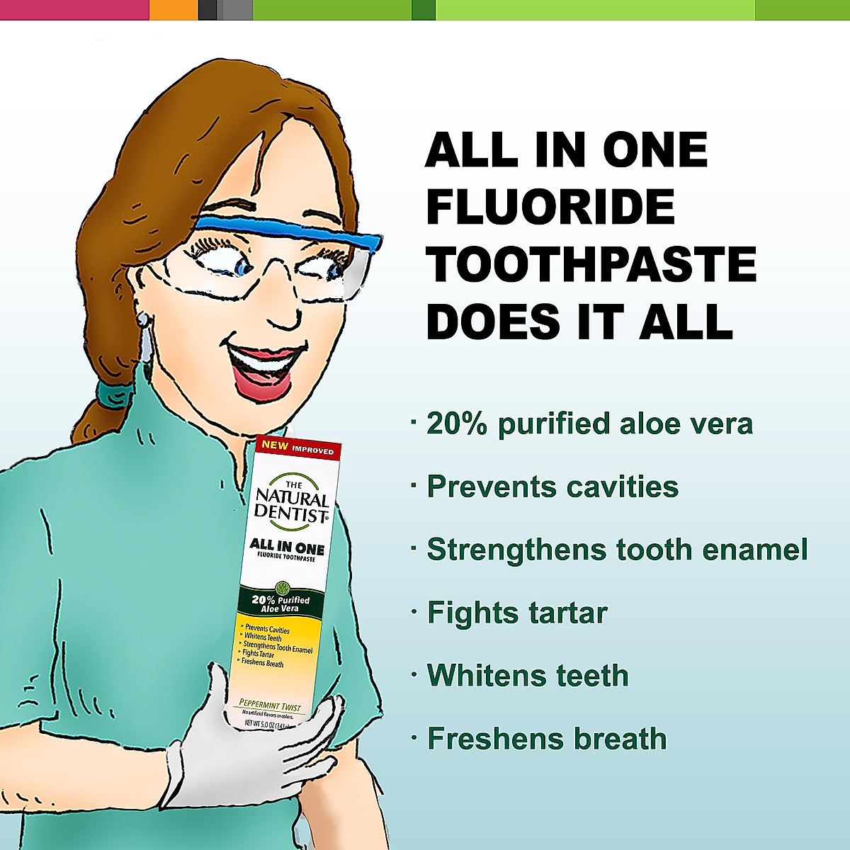 The Natural Dentist All In One Fluoride Toothpaste, 20% Purified Aloe Vera, Prevents Cavities, Whitens Teeth, Strengthens Tooth Enamel, Removes Plaque, Freshens Breath, Peppermint Twist, 5oz Tube 2 ct