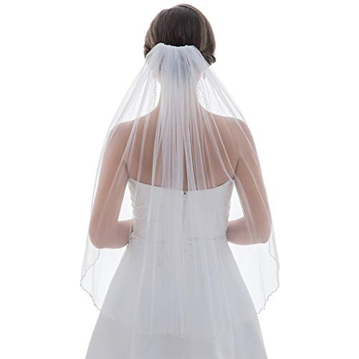 SAMKY 1T 1 Tier Pearls Crystals Beaded Wedding Veil V377 - Light Ivory Fingertip Length 36"