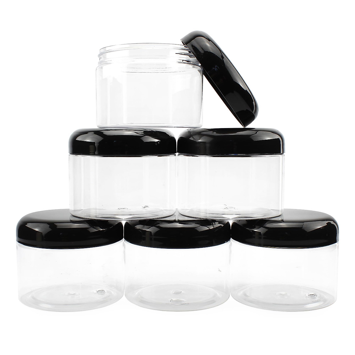 Cornucopia 12 Ounce Clear Plastic Jars w/Black Plastic Lids (6 pack); BPA Free PET Stackable Canisters for Bathroom & Kitchen Storage
