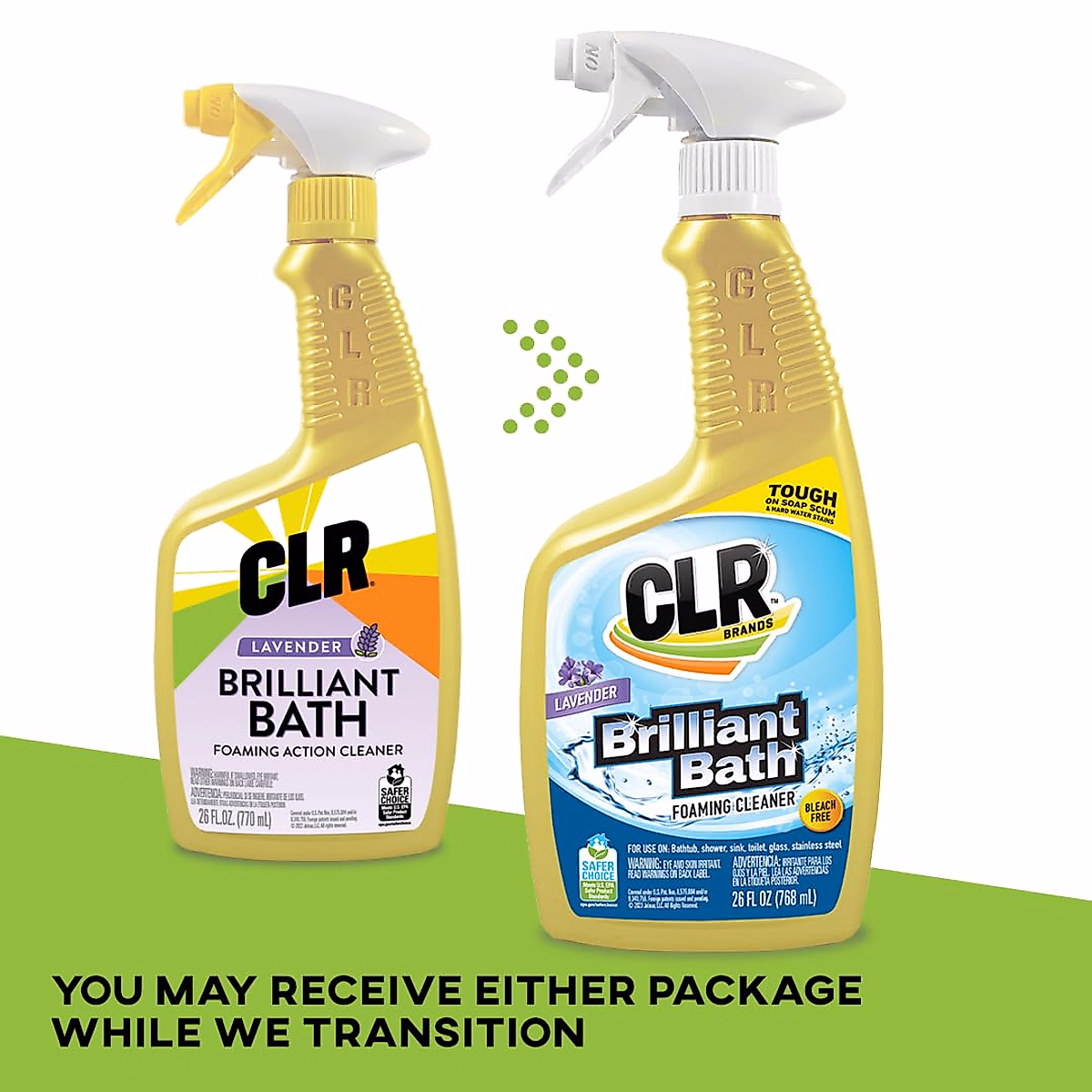 CLR Brilliant Bath Foaming Action Bathroom Cleaner Spray - For Use on Toilets, Baths, Showers, Sinks, Glass, Stainless Steel - Lavender Scent, 26 Ounce Bottle (Pack of 2)