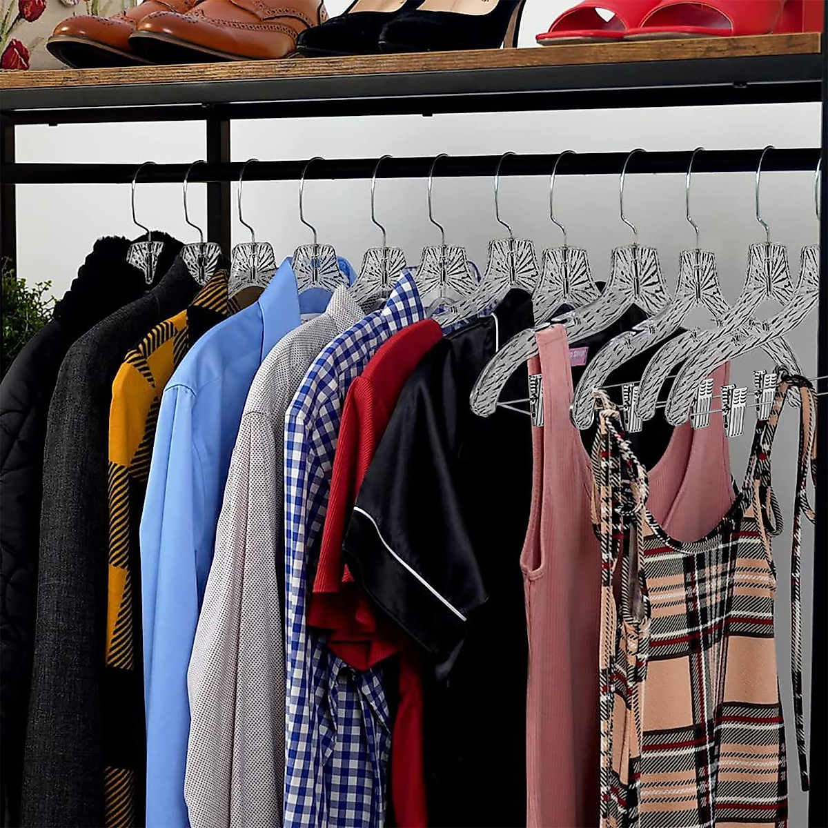 HARDW Clothes Hangers with Clips Plastic Set of 12Pcs Heavy Duty Hangers Dresses, T-Shirts Shirt Hangers for Closet Organization Crystal Clear Hangers for Home, Retail and Home