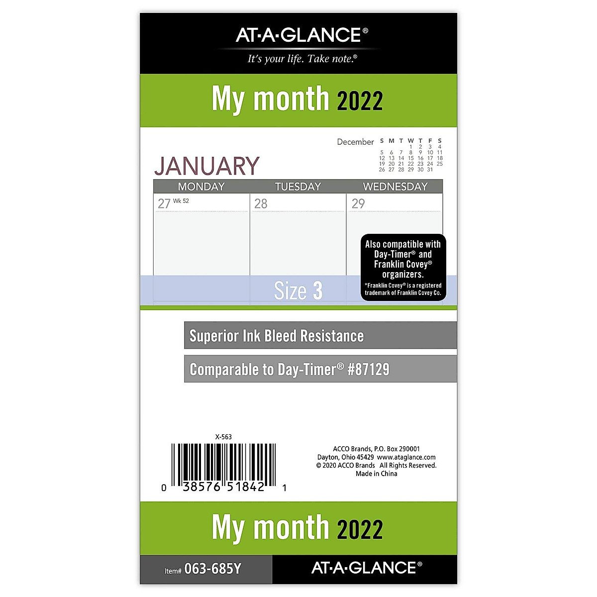 2022 Monthly Planner Refill by AT-A-GLANCE, 87129 Day-Timer, 3-3/4" x 6-3/4", Size 3 (063-685Y)