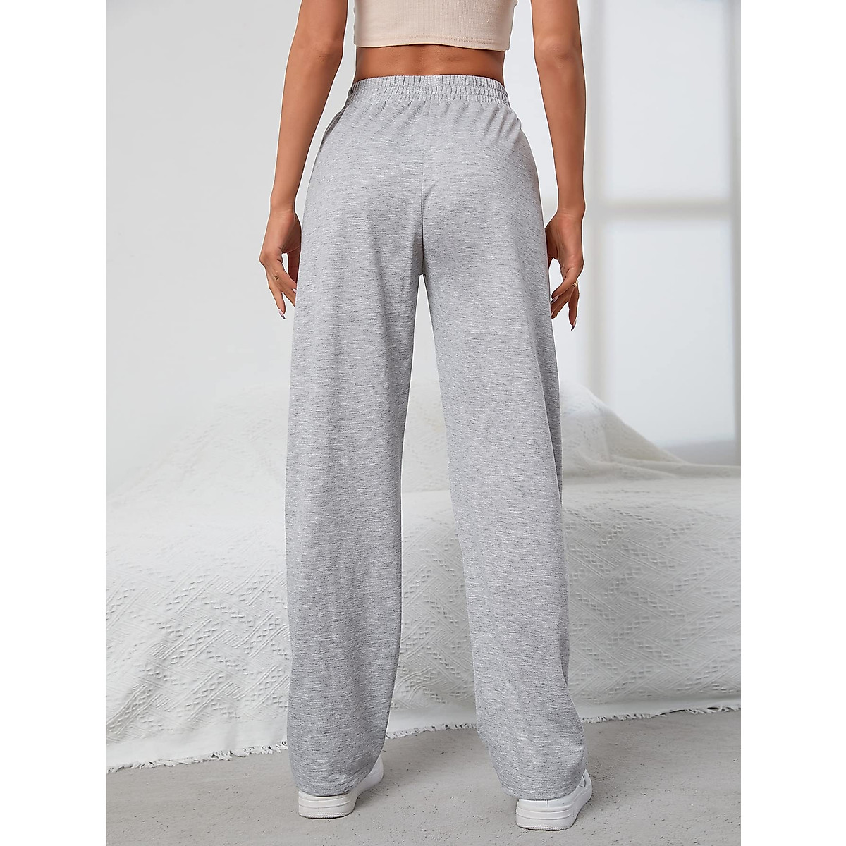 MakeMeChic Women's Casual Baggy Elastic High Waist Sweatpants Slant Pocket Workout Yoga Sport Pants Grey L