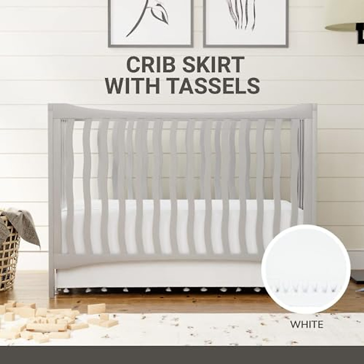 Tadpoles Crib Skirt with Tassel | 28" x 52" with a 14" Drop | Made of 100% Softly Brushed Microfiber Polyester | Easy to Care for | Soft, Smooth, Breathable & Durable | Ideal for Babies | White