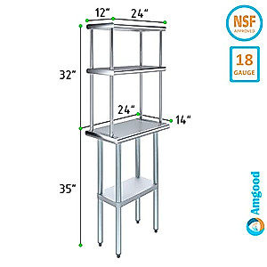 AmGood Stainless Steel Work Table with 12" Wide Double Tier Overshelf | Metal Kitchen Prep Table & Shelving Combo | NSF (Stainless Steel Table with Double Overshelves, 24" Long x 14" Deep)