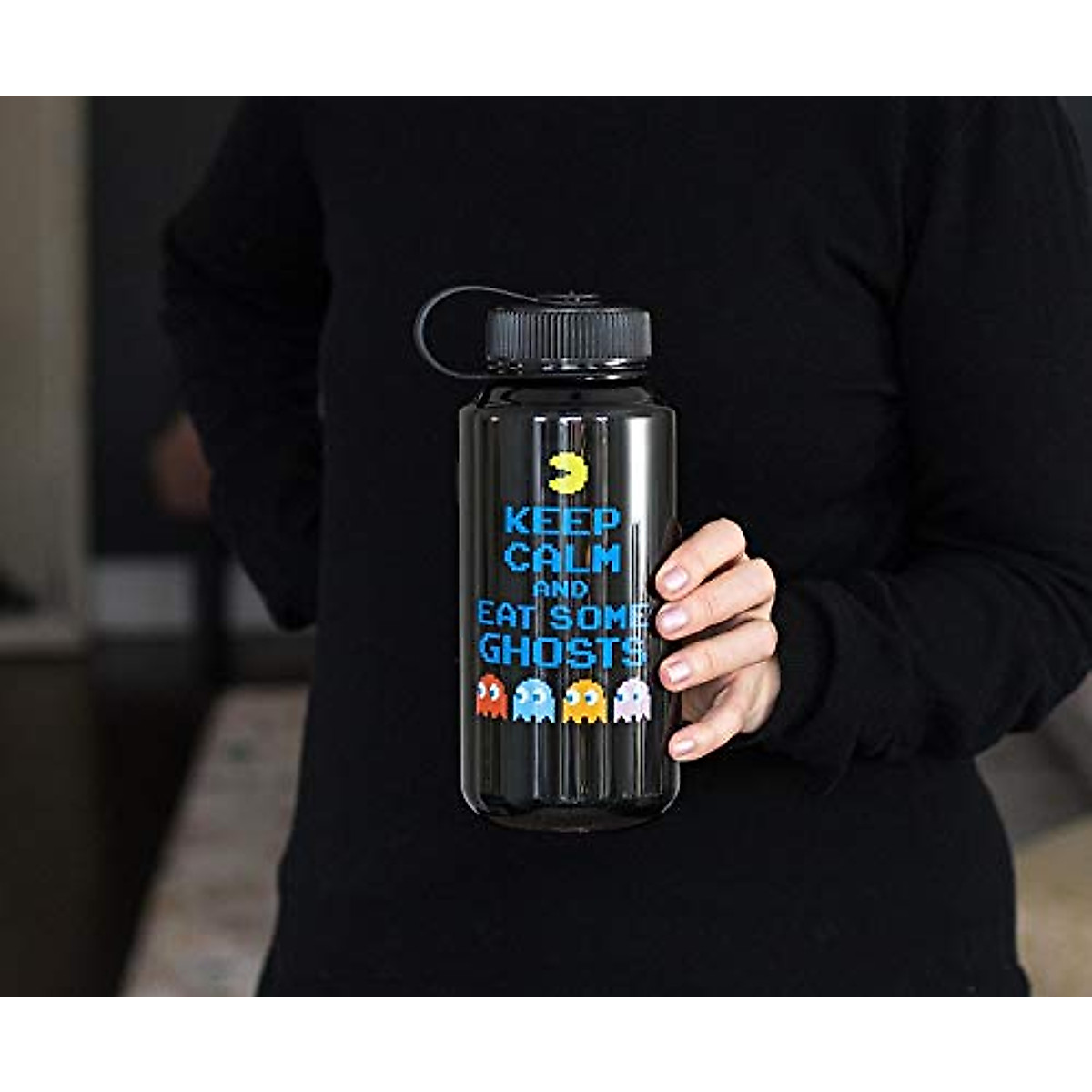 Pac-Man "Keep Calm and Eat Some Ghosts" Water Bottle | BPA-Free Large Plastic Water Jug With Screw Top Lid | Hydration For Outdoor Sports, Gym, Yoga | Holds 32 Ounces