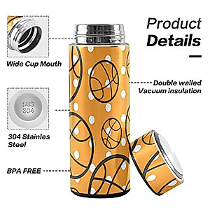 CaTaKu Basketball Polka Dots Water Bottle Insulated 16 oz Stainless Steel Flask Thermos Bottle for Coffee Water Drink Reusable Wide Mouth Vacuum Travel Mug Cup