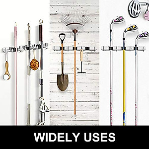 IMILLET Broom and Mop Holder Wall Mounted, Stainless Steel Broom Holder Mop Holder Self Adhesive Heavy Duty Hooks Storage Organizer for Home Laundry Room Garden Garage（3 Racks with 4 Hooks）