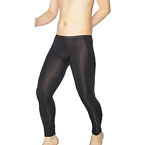 LinvMe Men's Ice Silk See Through Long Pants Slim Leggings Tights Black
