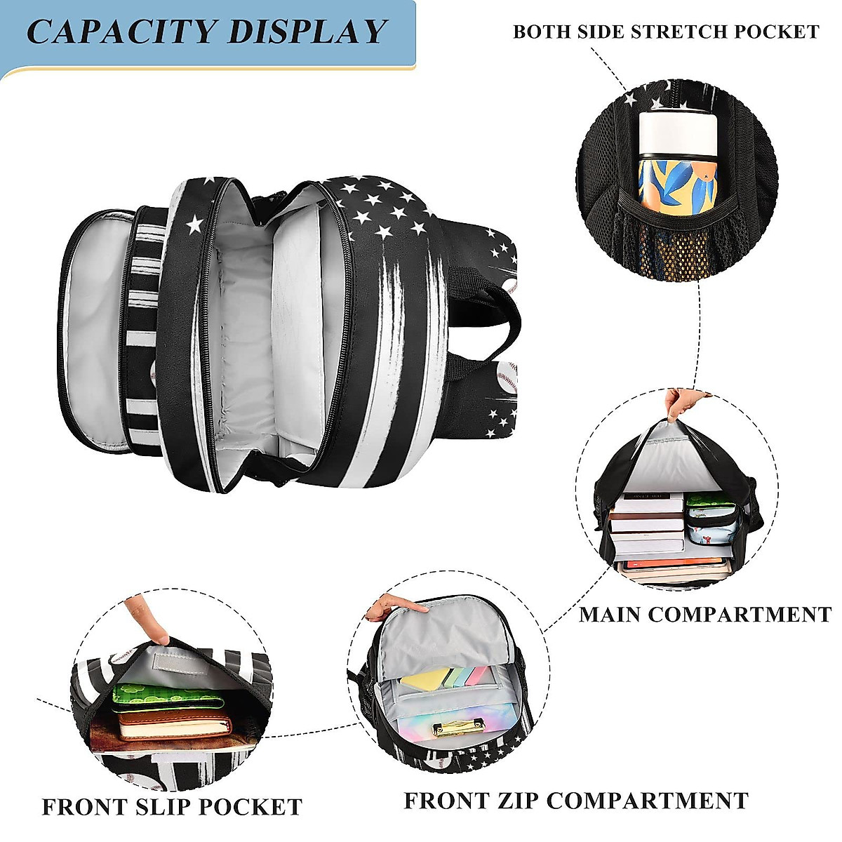 Glaphy American Flag Baseball Backpack School Bag Lightweight Laptop Backpack Students Travel Daypack with Reflective Stripes