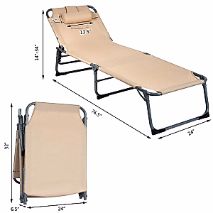 GYMAX Tanning Chair, Beach Lounge Chair with Face Hole, 5 Level Adjustable Backrest, Removable Pillow & Carry Handle, Adult Layout Sunbathing Chair for Outside Beach Poolside Lawn Patio (1, Sand)