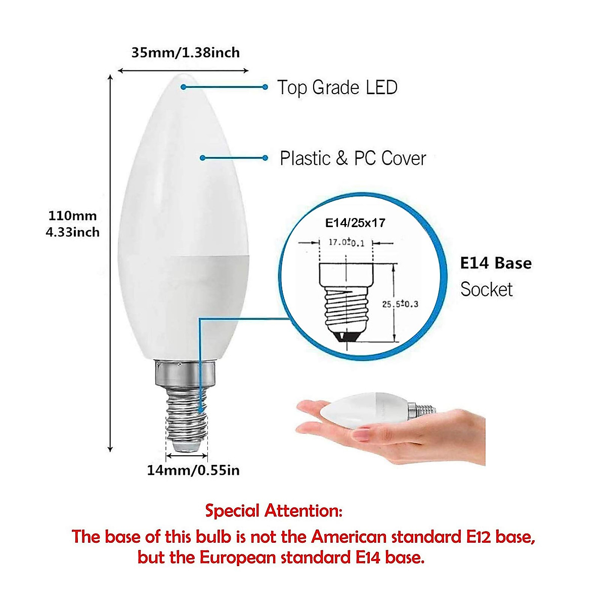 CTKcom LED Candelabra Light Bulbs E14 7W, Equivalent 60 Watt Light Bulbs,Candelabra Led E14 Instermediate Base,430 Lumens LED Not Dimmable (Warm White 2700K) 4 Pack