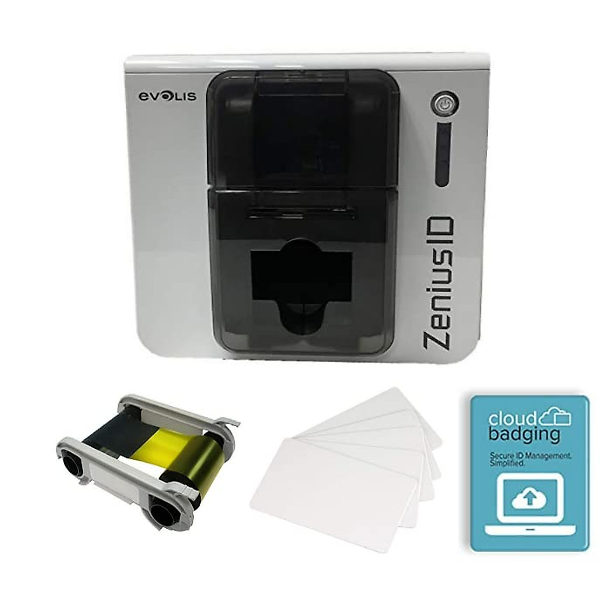 Evolis ZeniusID ID Card Printer Single-Sided - Gray Brown with Evolis Color Ribbon - YMCKOK - 200 Prints, ID Zone Premium White Blank Plastic CR80 30 Mil PVC Cards (200 Pack), and CloudBadging Lite