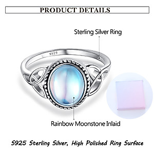 ADRAMATA 925 Sterling Silver Moonstone Ring for Women 18K White Gold Plated Rainbow Moon Stone Rings Victorian Style Gemstone Solitaire Oval Moonstone Ring Size 8