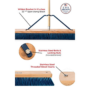 USA Broom 36 in Heavy Duty Push Broom Outdoor Sweep Ashpalt/Concrete Stiff Bristles, USA Steel Brackets, Stainless Steel Hardware, No Plastic 100 Percent Made in The USA