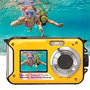 Dual Screens Waterproof Digital Camera, Full HD 2.7K 48MP 10ft 16X Digital Zoom Waterproof Dual Front and Rear Screen Digital Camera for Teenagers Beginners. (Yellow)
