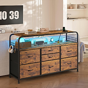 EnHomee Dresser for Bedroom with LED Lights & Charging Station, 7 Drawer Dresser with Open Shelf, Fabric Bedroom Dressers & Chest of Drawers for Closet, Entryway, Hallway, 4 Hooks, Rustic Brown