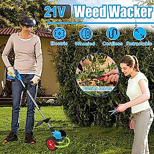 Cordless Weed Wacker Electric Weed Eater with 2 x 21V/2.0Ah Battery Powered and Charger, 3-in-1 Lightweight Brush Cutter Edger Lawn Tool No-String Grass Trimmer Push Wheeled Lawn Mower for Yard Garden