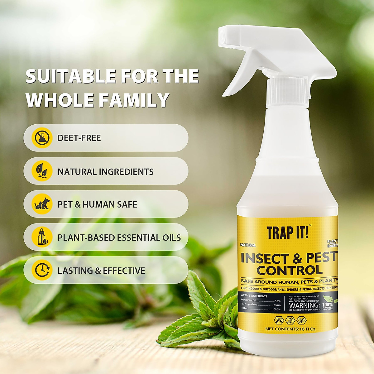 TRAP IT! Insect Repellent Peppermint Oil Spray for Bugs, 16OZ Natural Pest Control Spray for Home Kitchen Ant Spider Roach Fly Killer, DEET-Free Pet Family Safe Bug Spray Indoor Outdoor Patio Yard