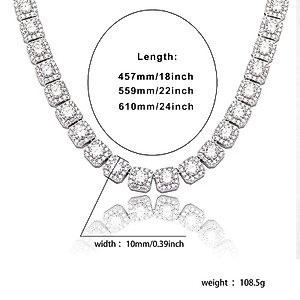 JINAO 10mm Silver Cluster Iced Out Jumbo Tennis Necklace Chain 18k Gold Plated Iced Out Cubic Zirconia Lab Simulated Diamond Square Halo Necklace Tennis Link Chain for Men Women (White Gold, 22)