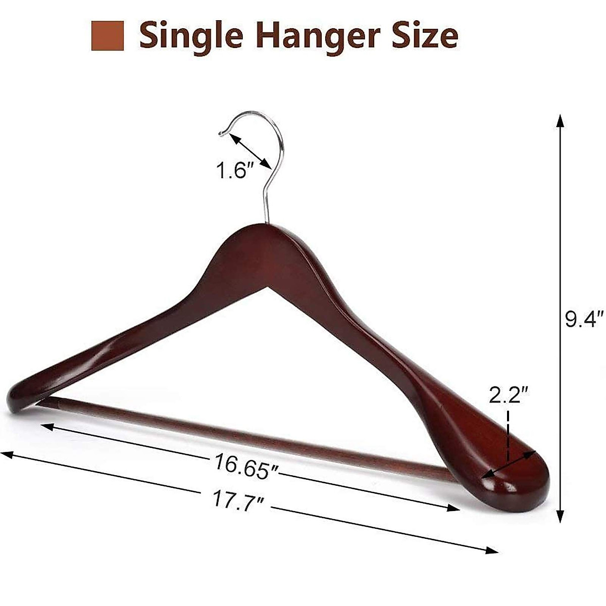 JS HANGER Wooden Extra-Wide Shoulder Suit Hangers for Coat and Pants, Walnut Finish, 6-Pack